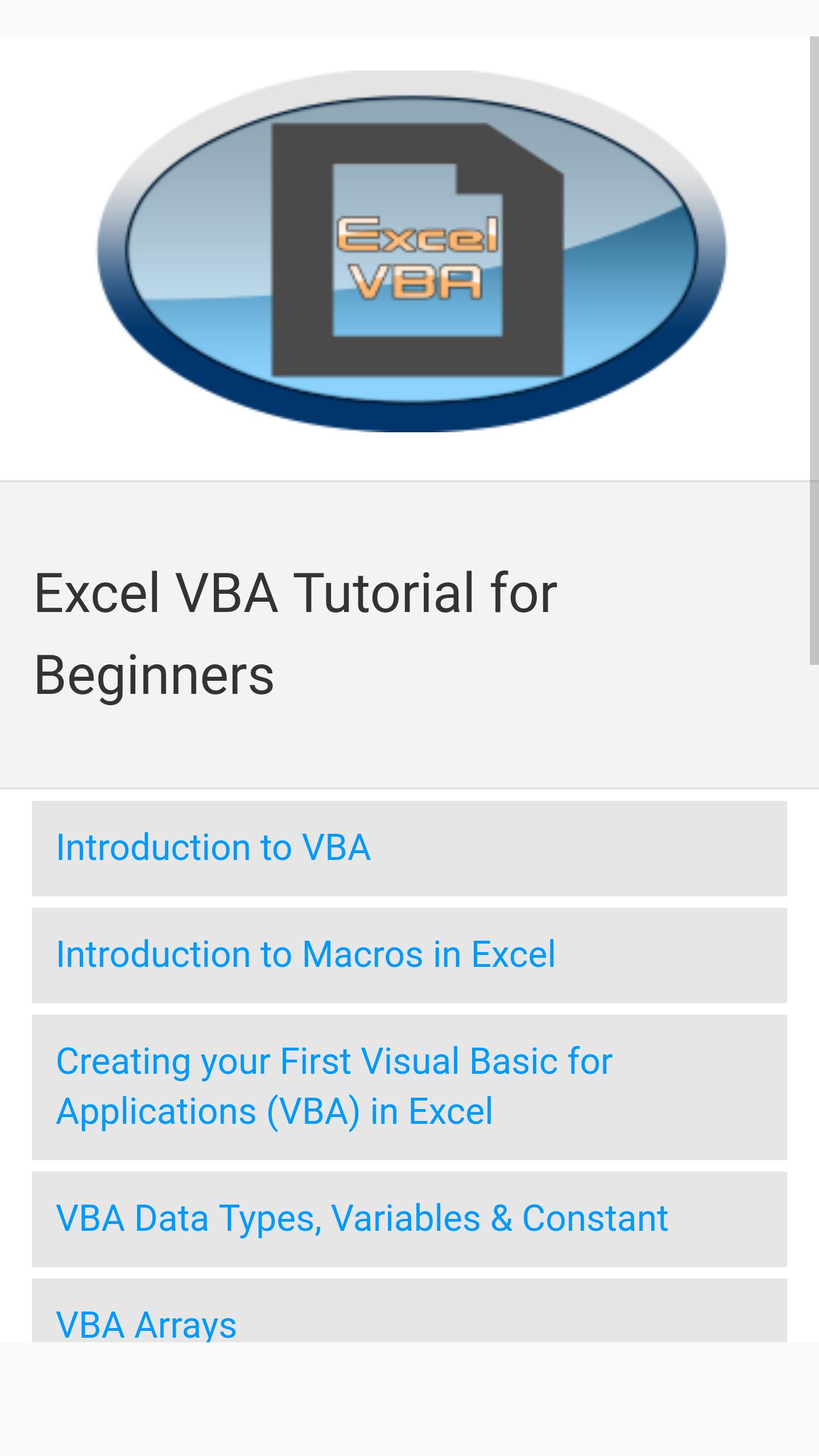 Excel VBA Tutorial for Beginners APK للاندرويد تنزيل Excel VBA Tutorial for Beginners APK للاندرويد تنزيل