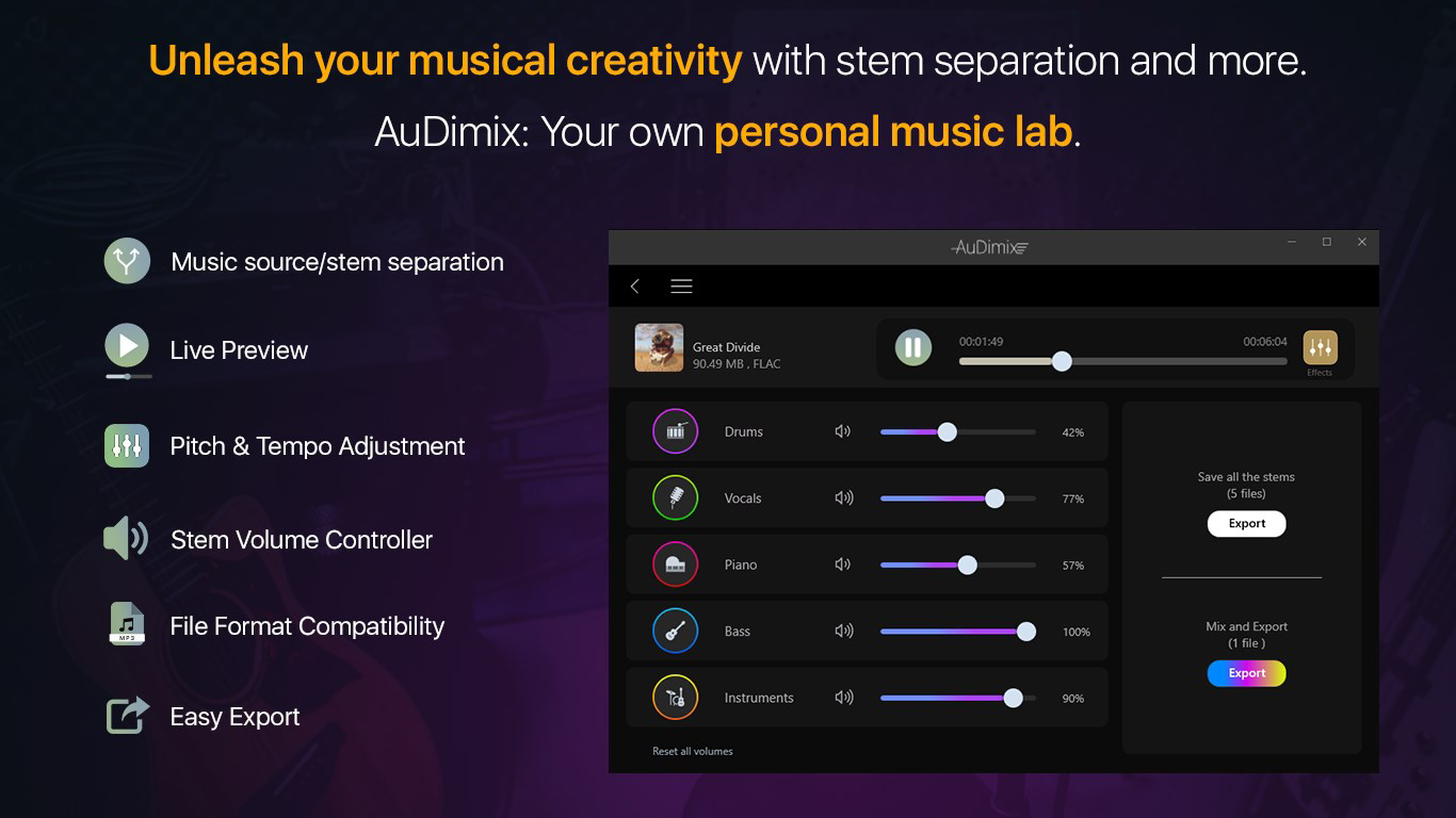 AuDimix: Vocal Remover & Song Stem Separator for PC Windows Download